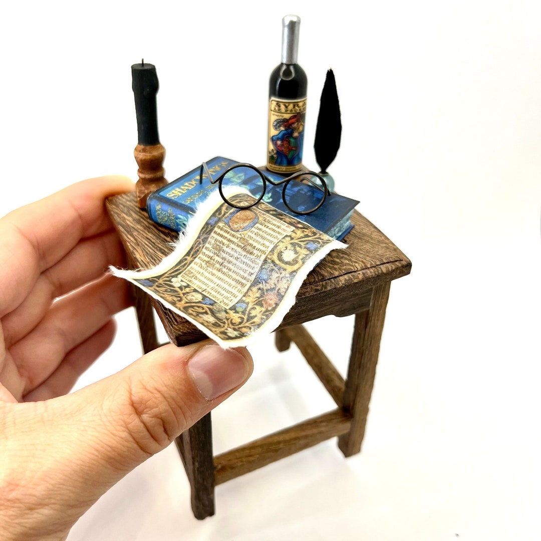 1:6 Scale Table Ensemble With Miniature Book, Wine Bottle, Scroll, Pair ...