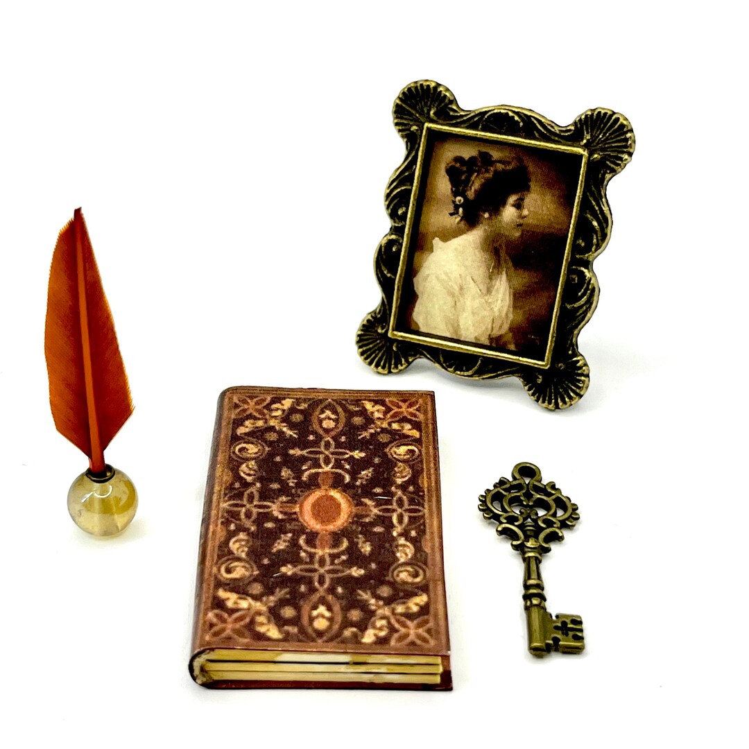 1:6 Scale Miniature Set With Framed Victorian Photograph, Book, Quill ...