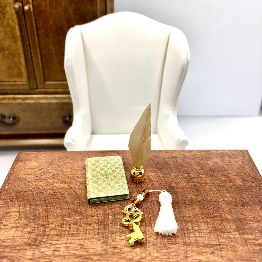 1:12 Scale Elegant Miniature Desk Set With Dollhouse Book, Quill & Ink ...