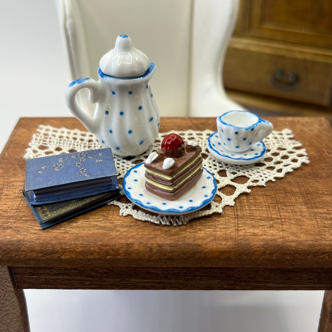 1:12 Scale Dollhouse Literary Tea Set With Two Dollhouse Books, Cake on ...