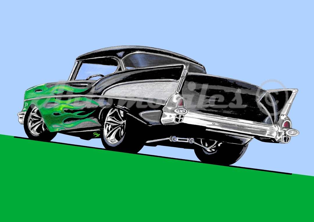 Classic '57 Chevy Hot Rod Artwork - Hand-drawn Muscle Car Illustration ...