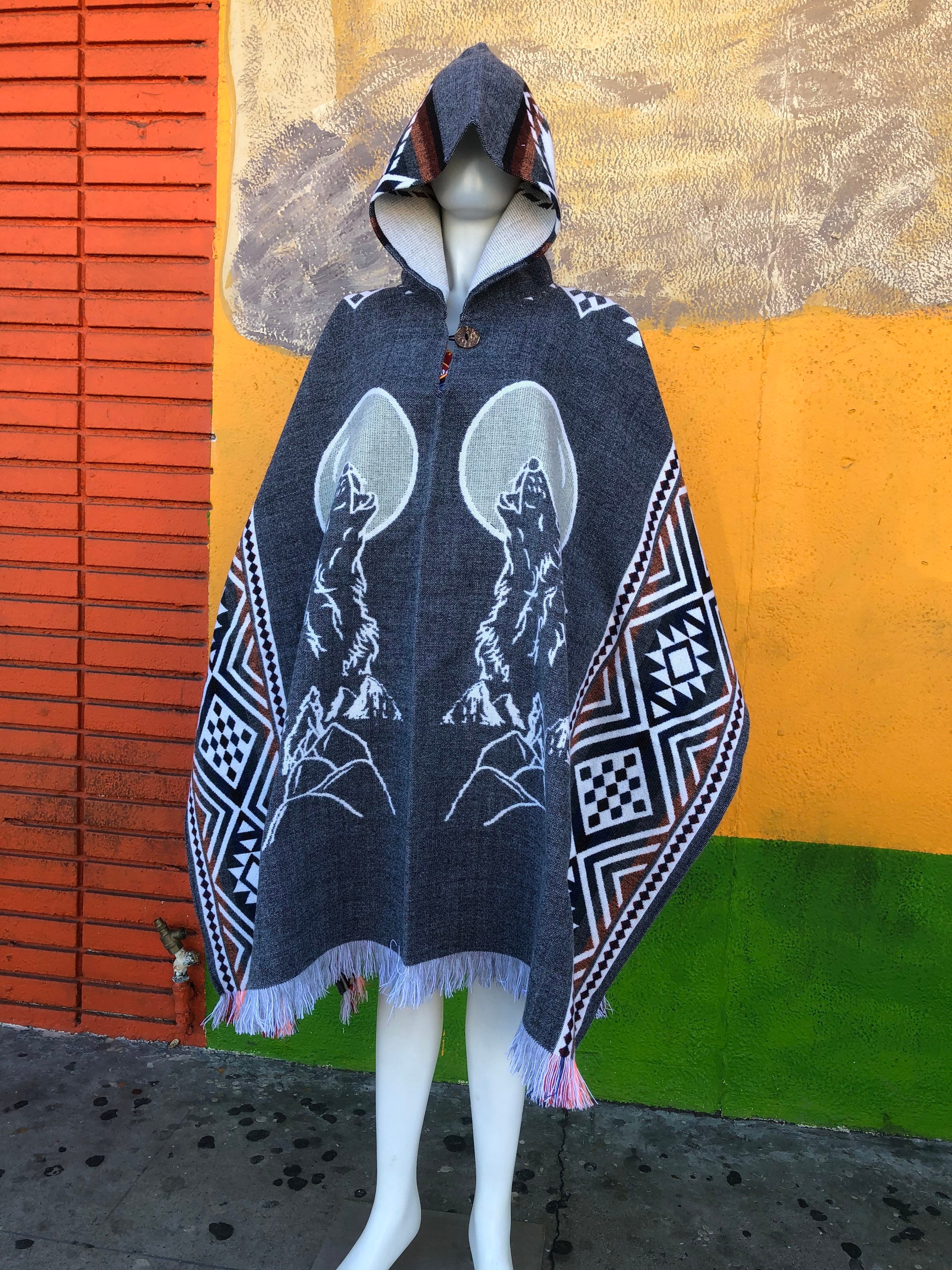 Hooded poncho with wolves, handmade poncho, hooded overcoat, wolf ...