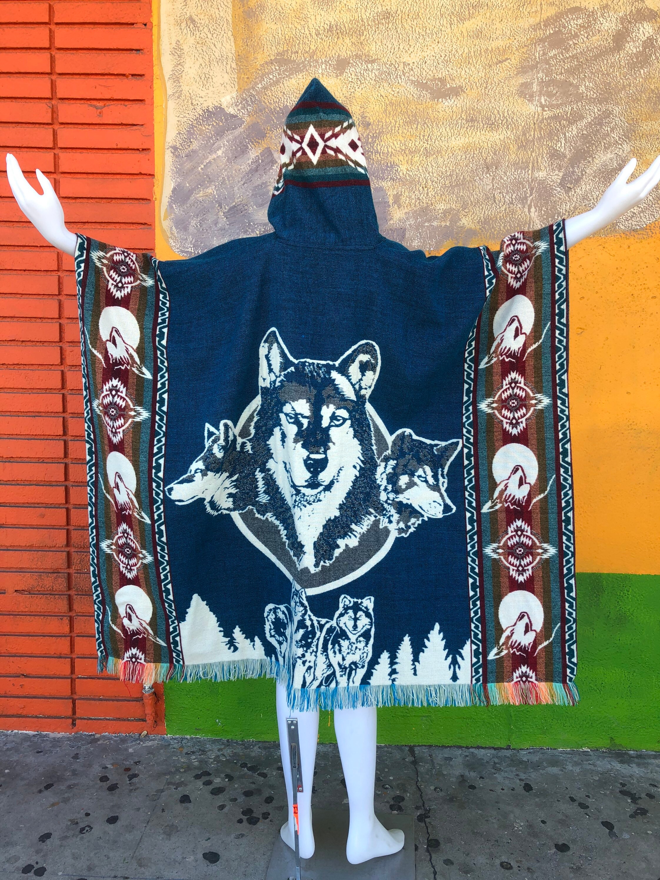 Hooded poncho with wolves, handmade poncho, hooded overcoat, wolf ...