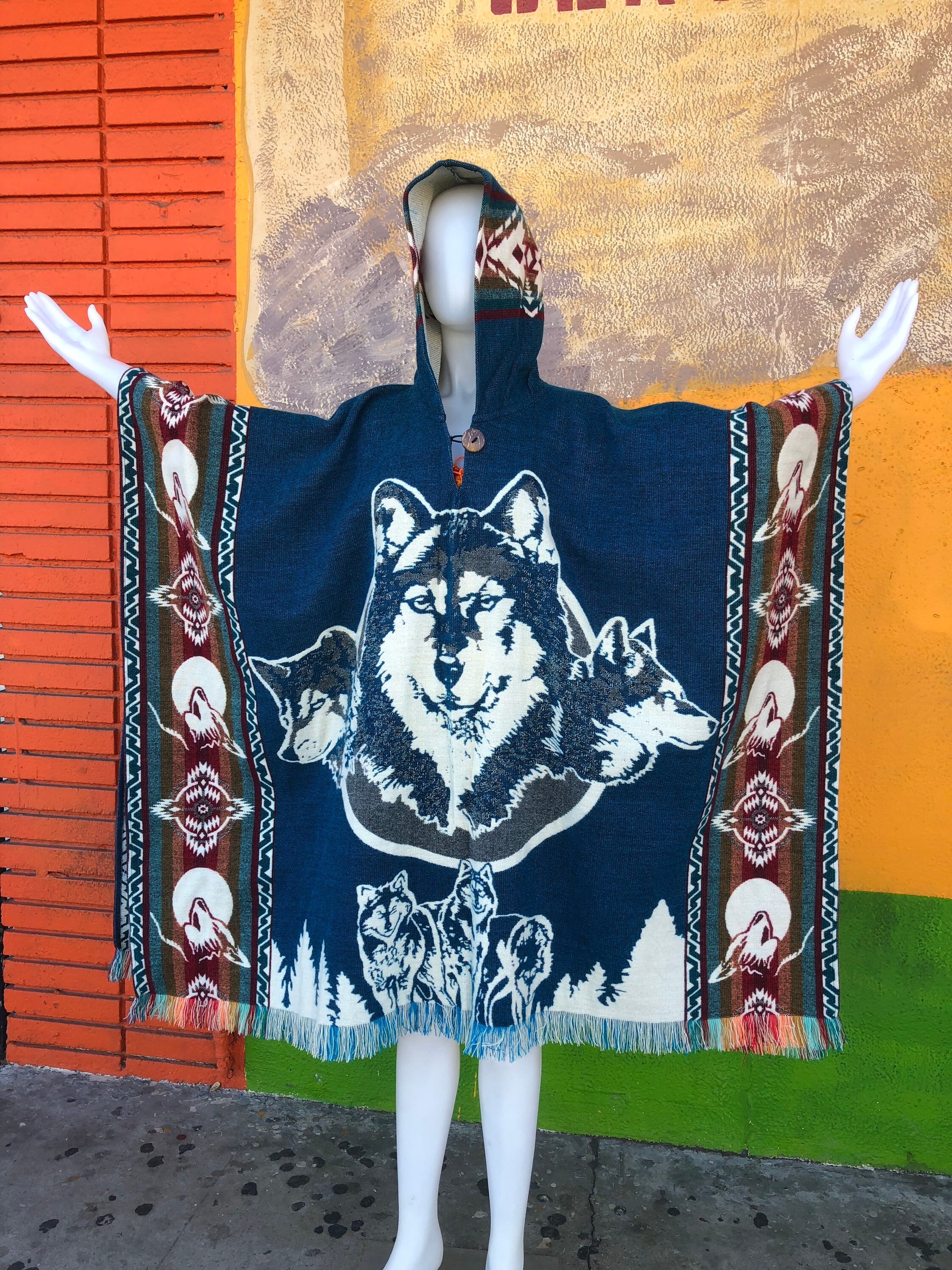 Hooded poncho with wolves, handmade poncho, hooded overcoat, wolf ...
