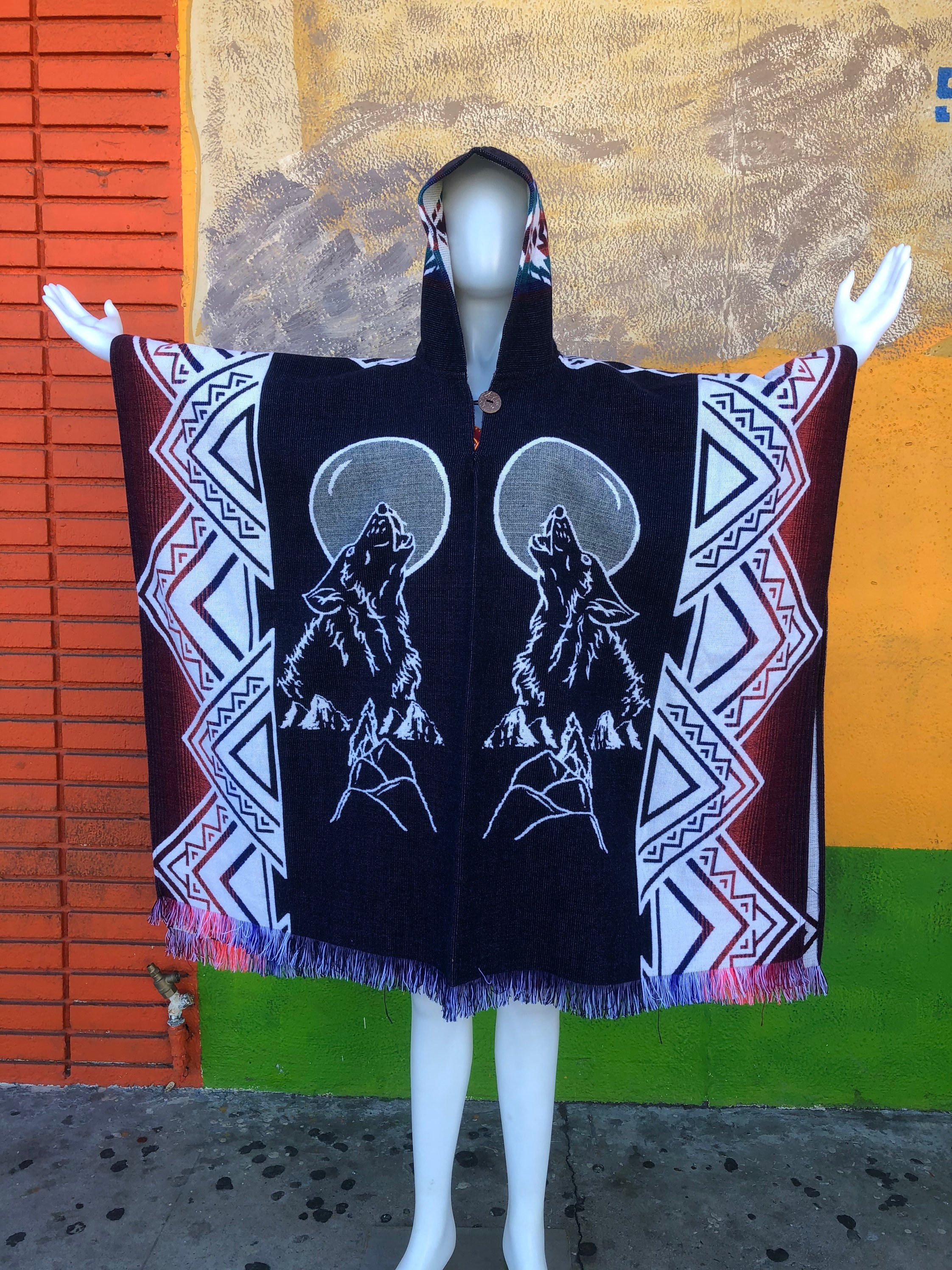 Hooded poncho with wolves, handmade poncho, hooded overcoat, wolf ...