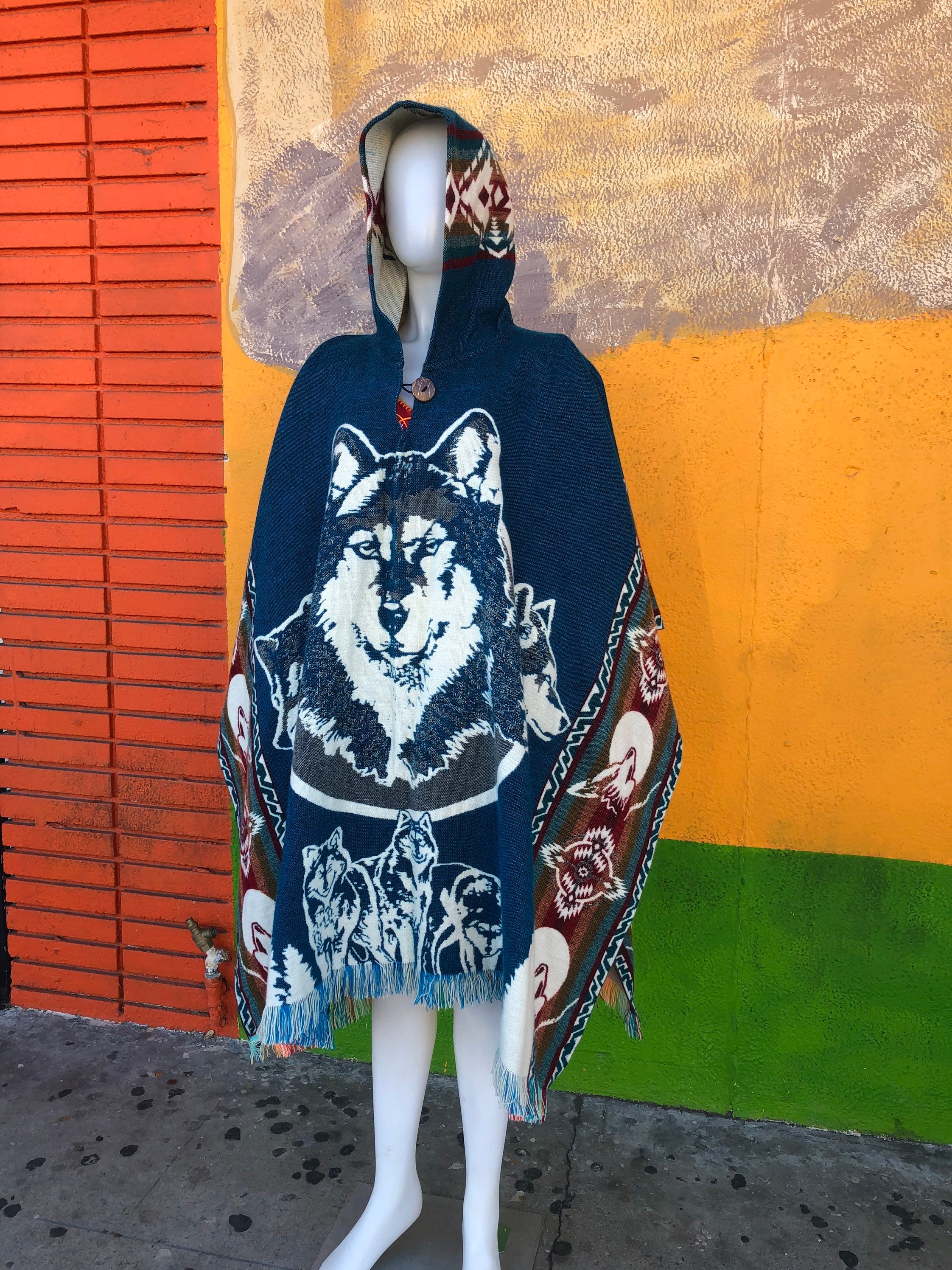 Hooded poncho with wolves, handmade poncho, hooded overcoat, wolf ...