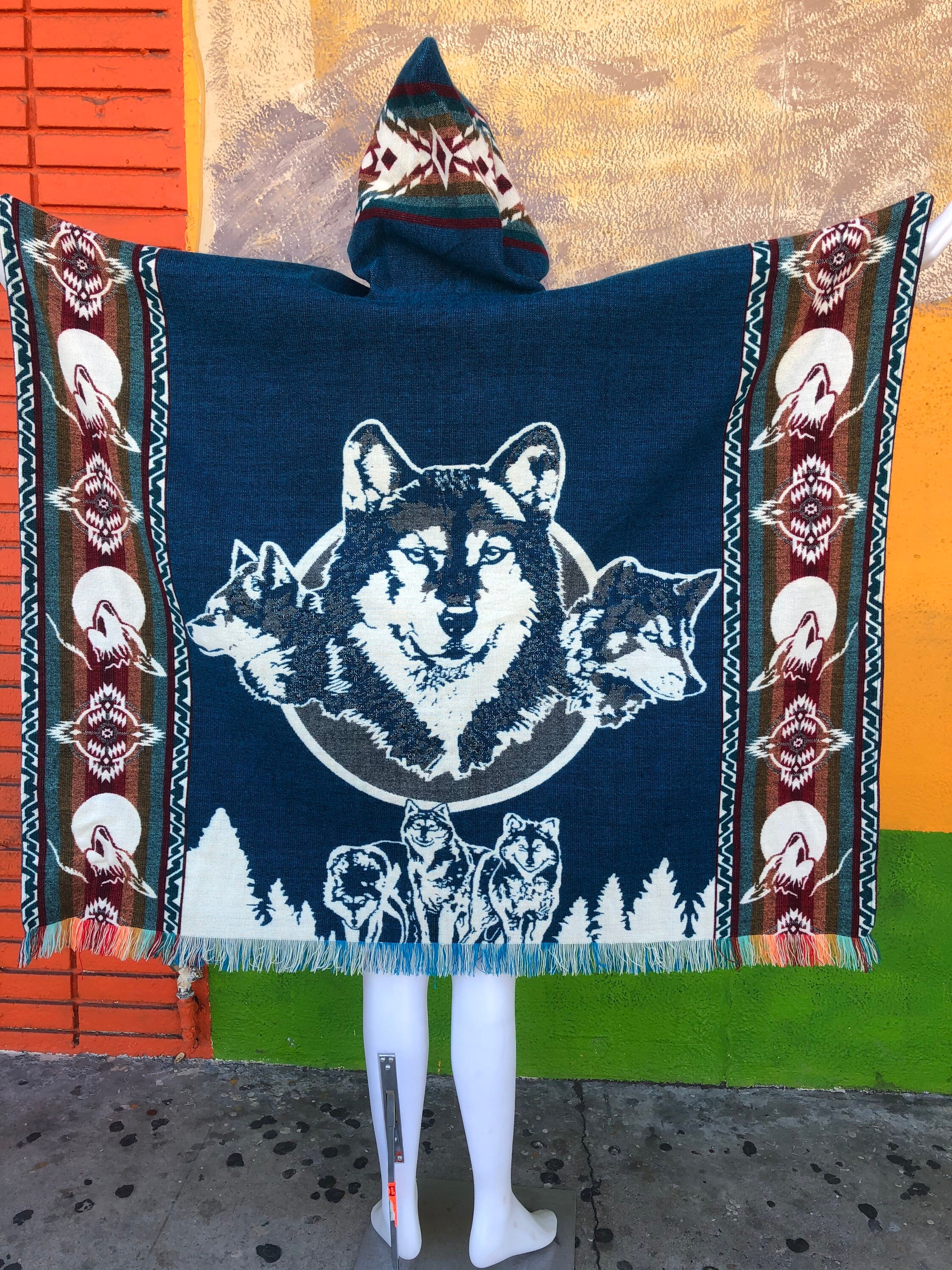 Hooded poncho with wolves, handmade poncho, hooded overcoat, wolf ...