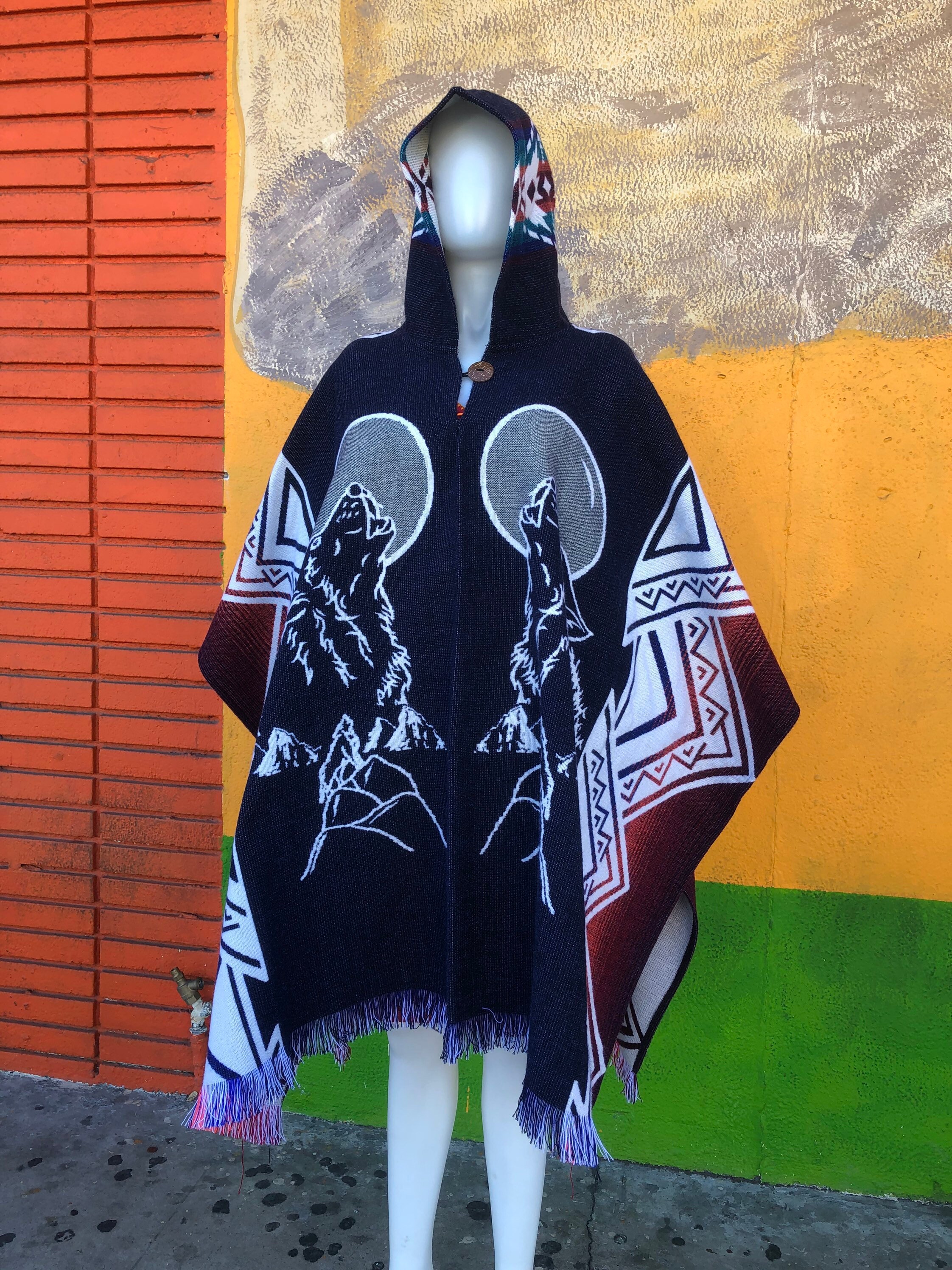 Hooded poncho with wolves, handmade poncho, hooded overcoat, wolf ...