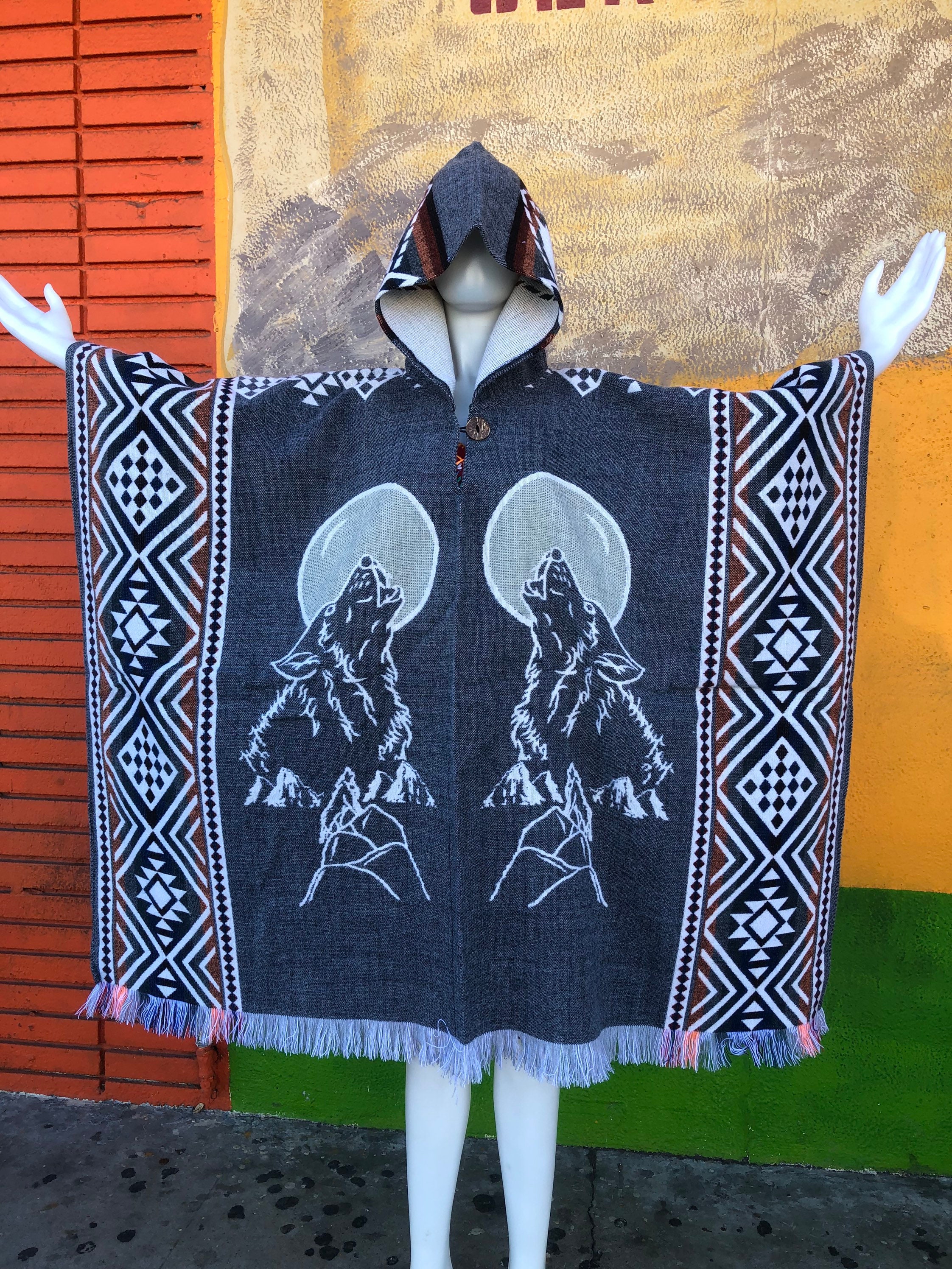 Hooded poncho with wolves, handmade poncho, hooded overcoat, wolf ...
