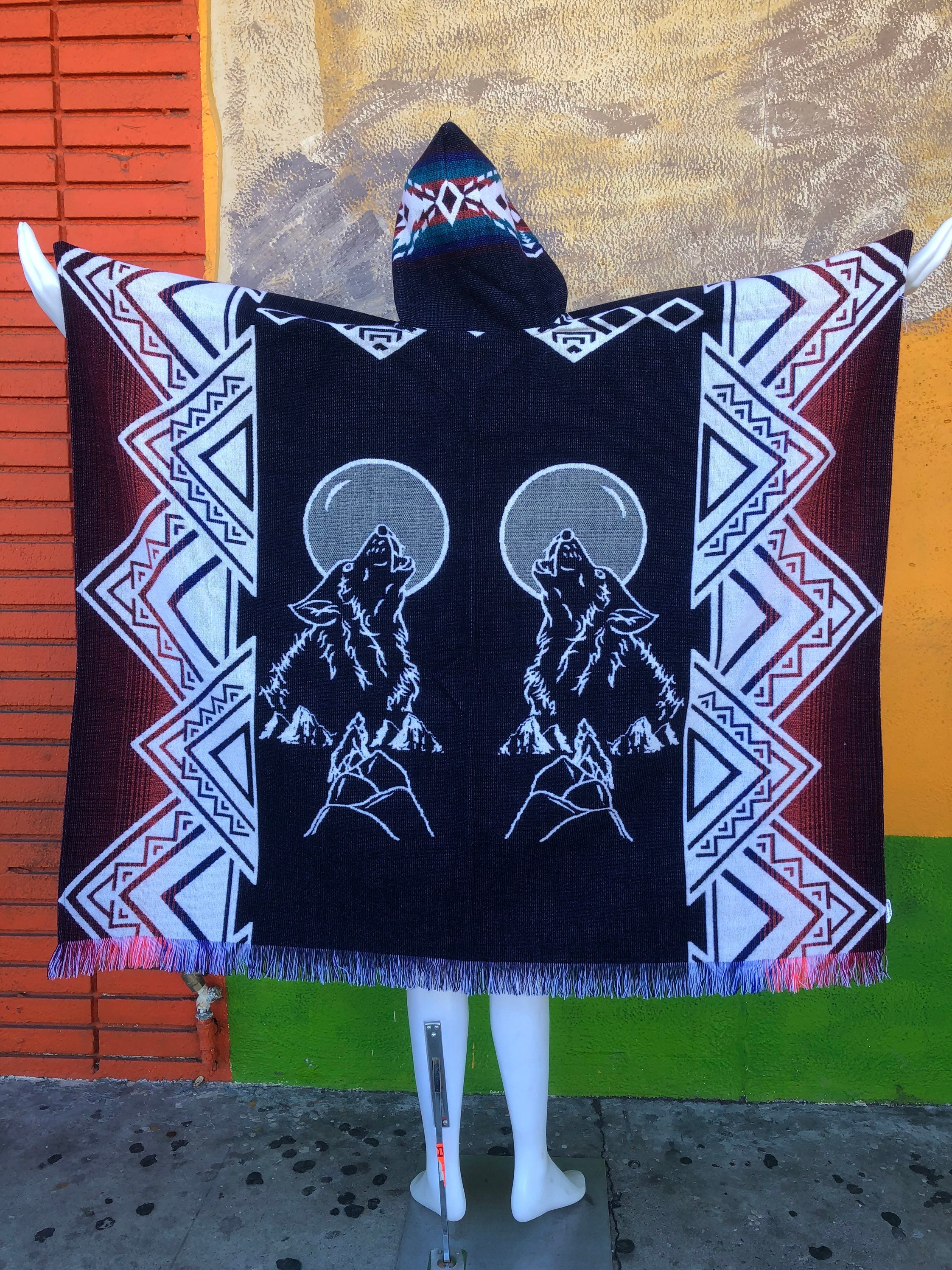 Hooded poncho with wolves, handmade poncho, hooded overcoat, wolf ...