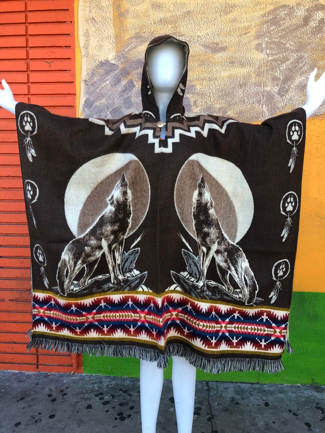 Hooded Poncho With Wolves, Handmade Poncho, Hooded Overcoat, Wolf ...