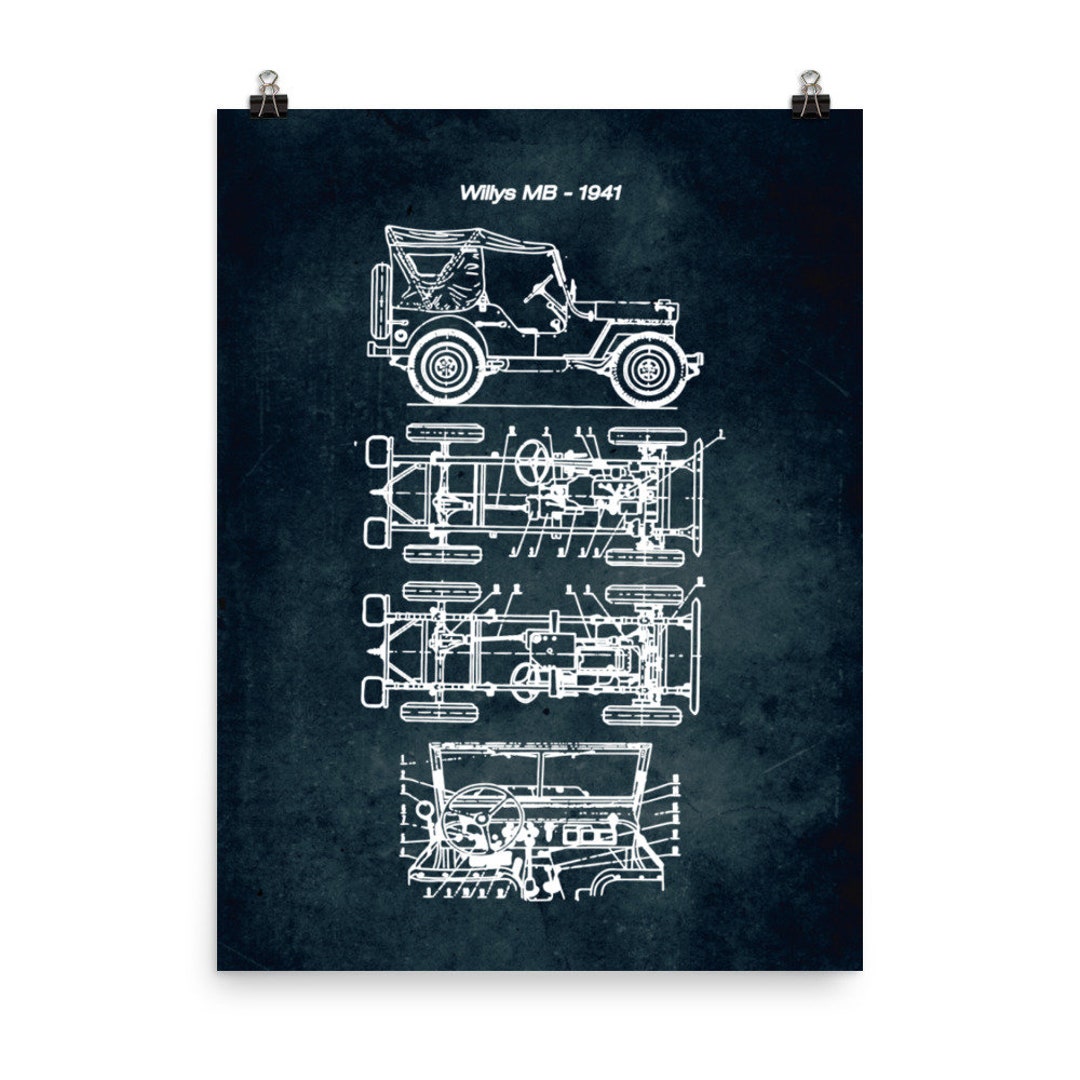 Jeep Willys MB 1941 / Car Blueprint Poster / Vintage Style Home Decor ...