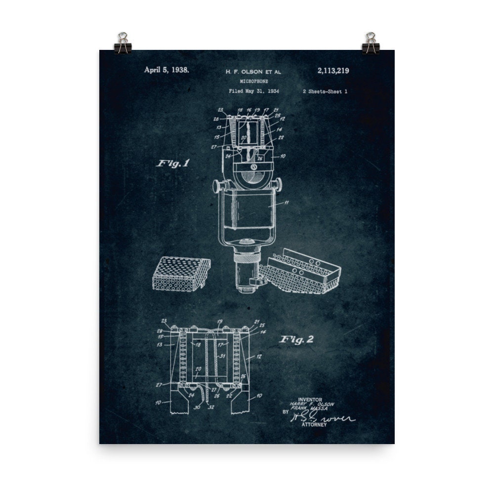 Microphone / Music Patent Poster / Blueprint Home Decor / Vintage Style ...