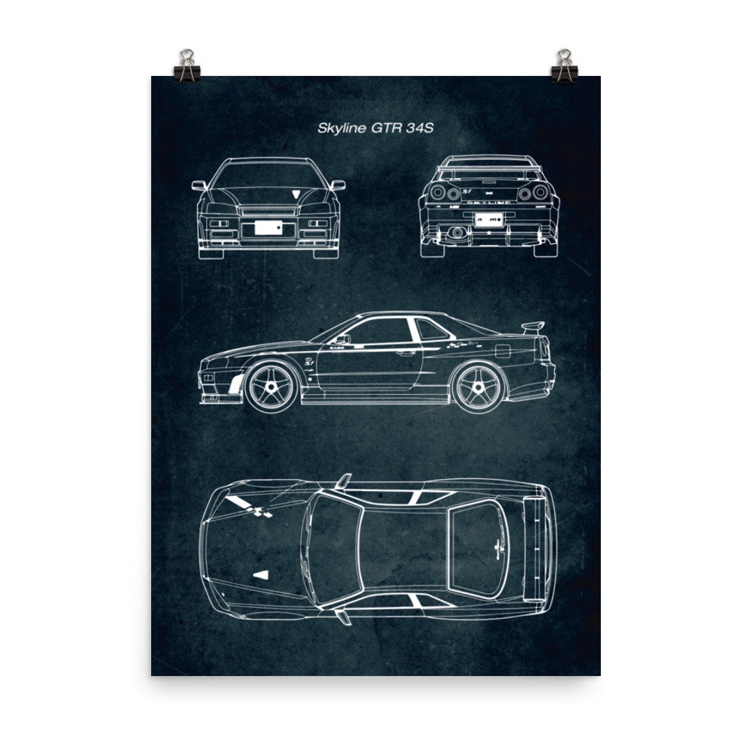 Skyline GTR 34S / Car Blueprint Poster / Vintage Style Home Decor - Etsy