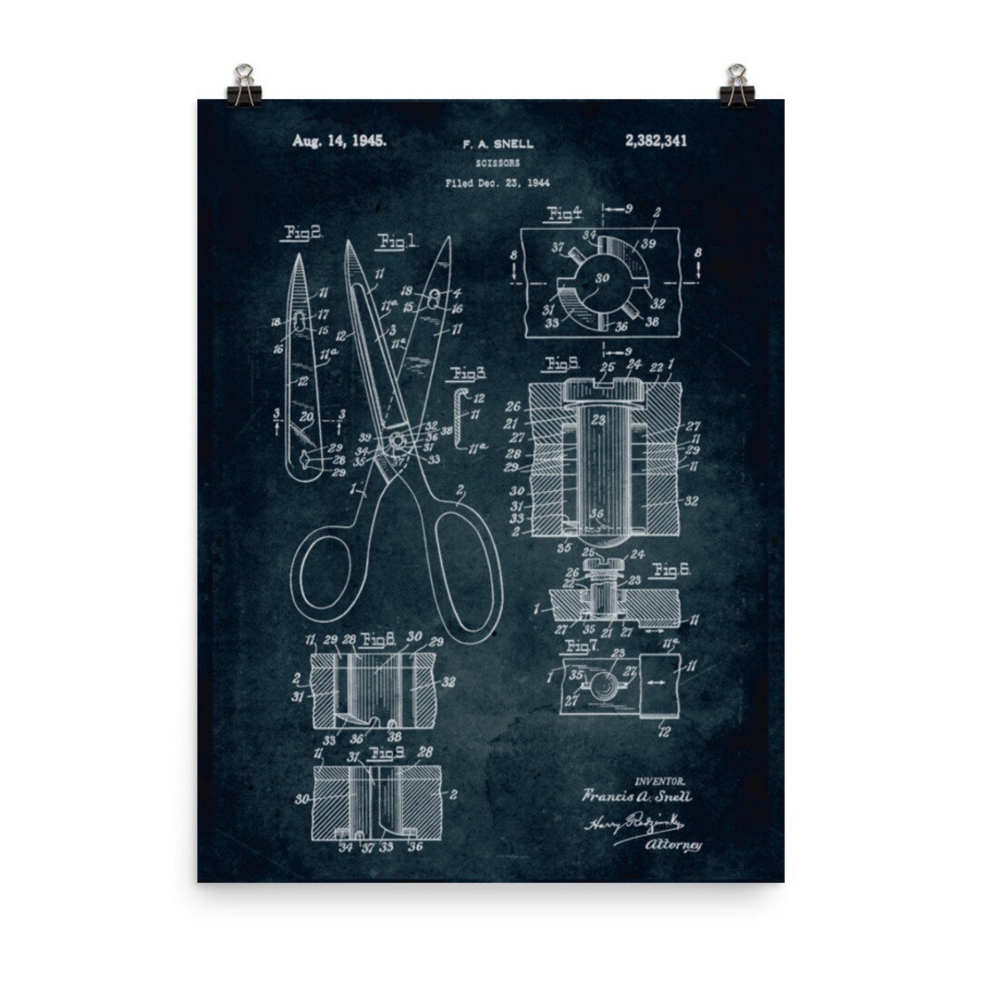 1944 Scissors / Patent Poster Blueprint / Vintage Home Decor / Engineer ...