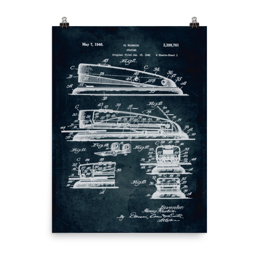 1940 Stapler / Patent Poster Blueprint / Vintage Home Decor / Engineer ...