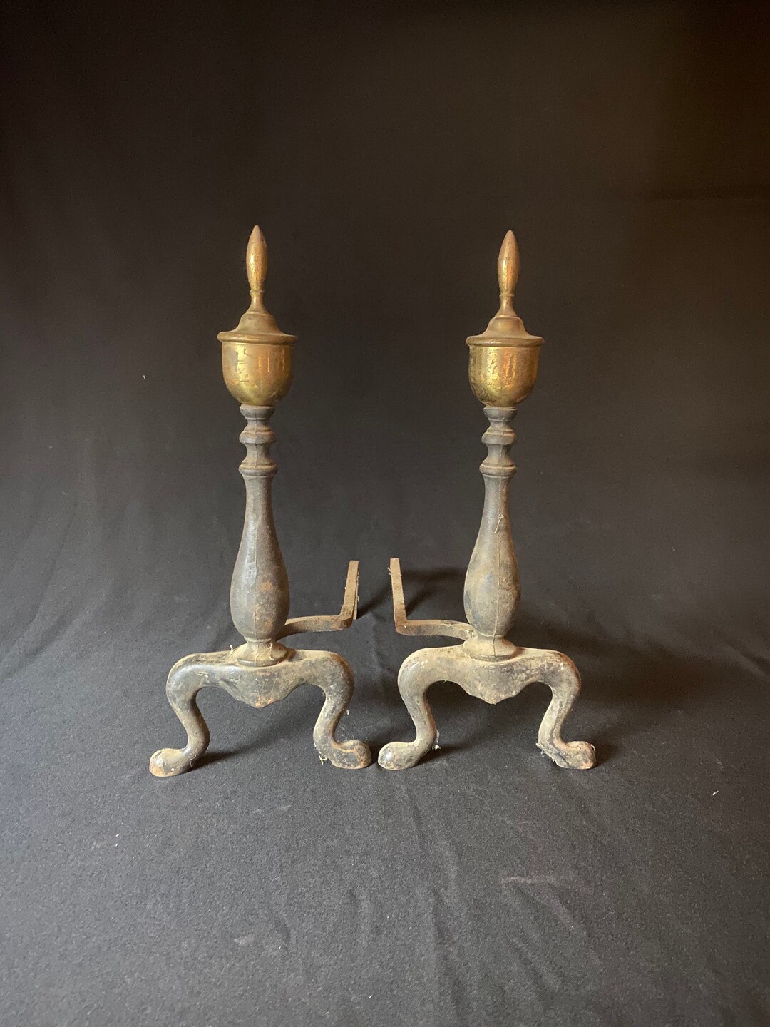 Antique Cast Iron Andirons With Brass Finials. - Etsy
