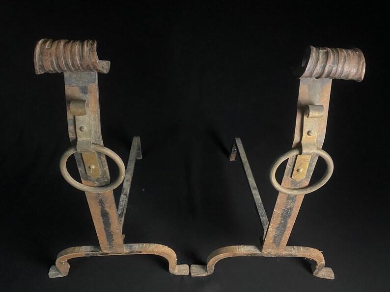 Hand Forged Wrought Iron Andirons With Brass Fixtures. - Etsy