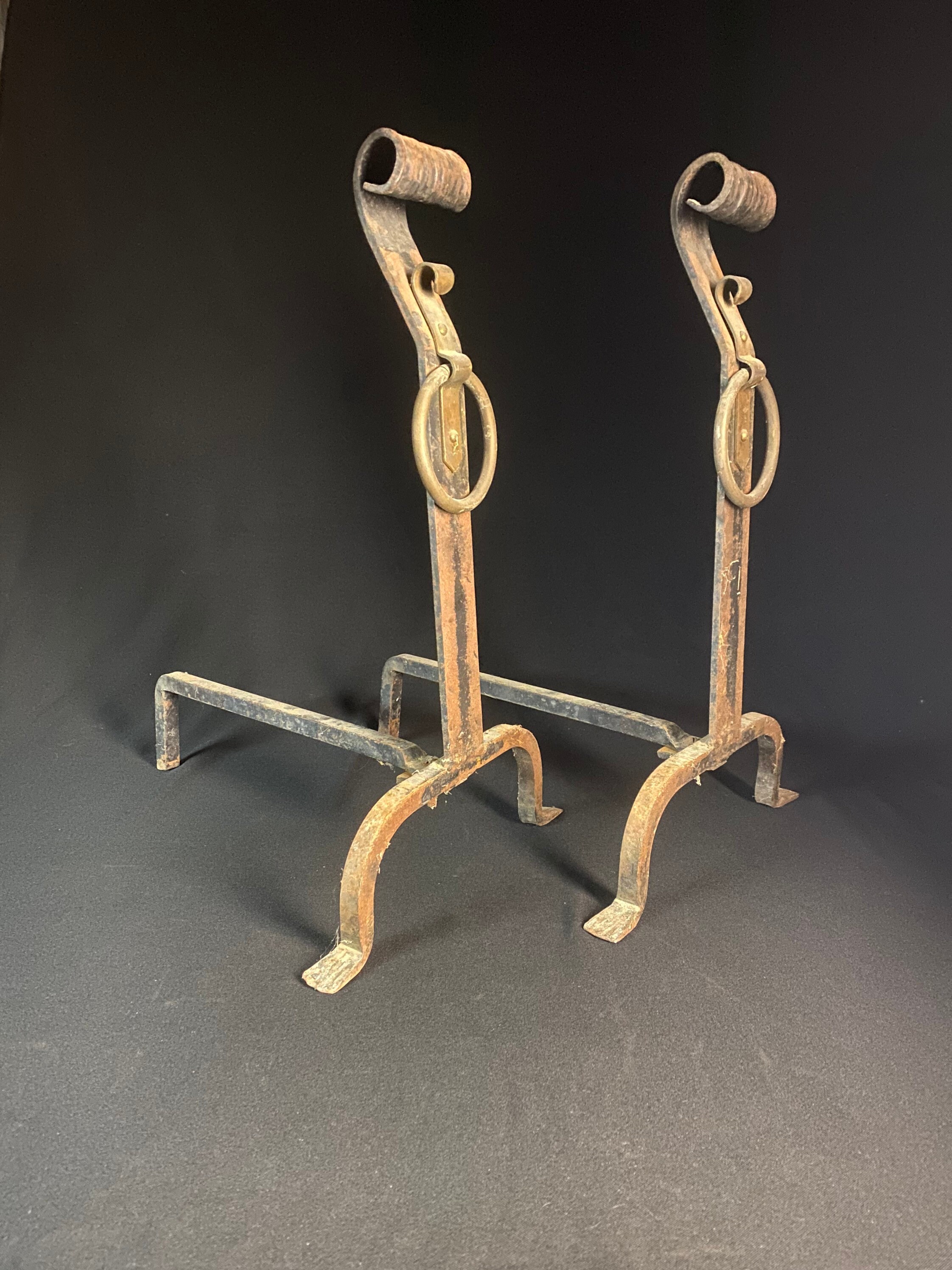 Hand Forged Wrought Iron Andirons With Brass Fixtures. - Etsy