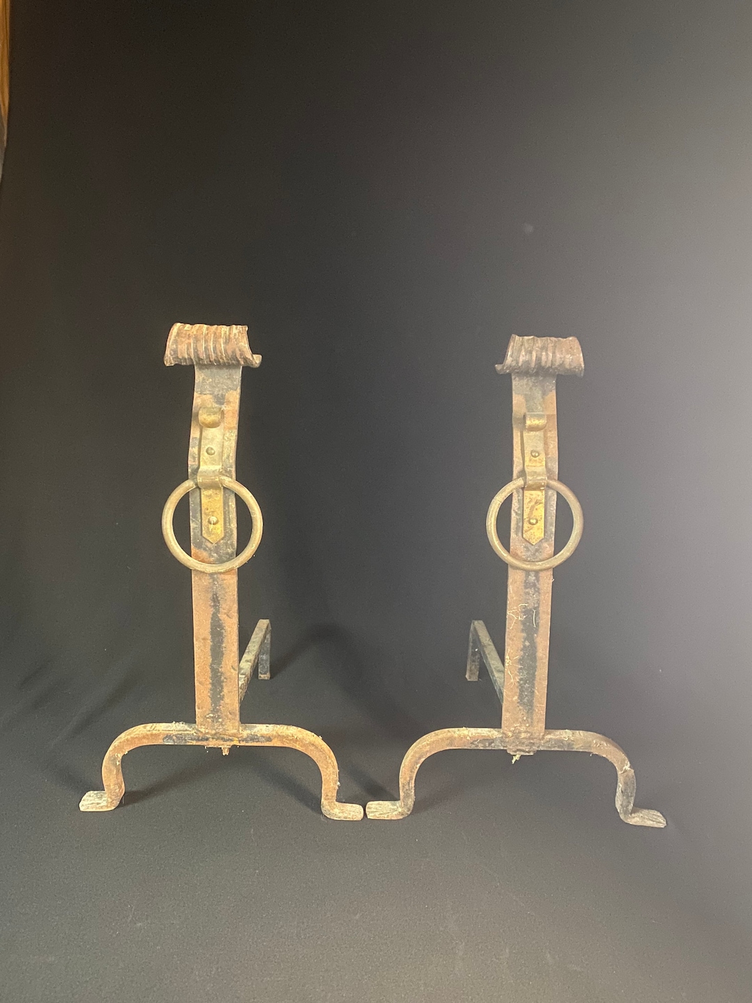 Hand Forged Wrought Iron Andirons With Brass Fixtures. - Etsy