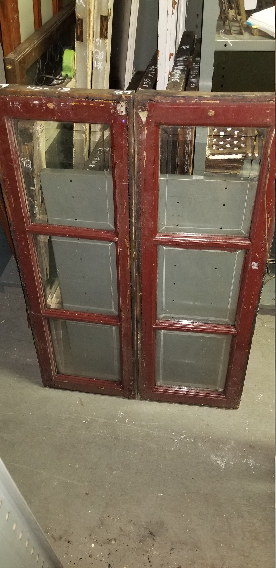 Antique, Architectural-set of 2 Vertical 3 Panel Red Painted Wood Frame ...