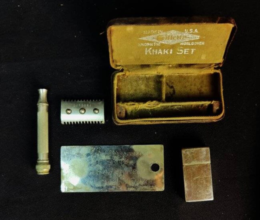 Gillette Khaki Set With Mirror Handle Razor Cover and Guard Razor Case ...