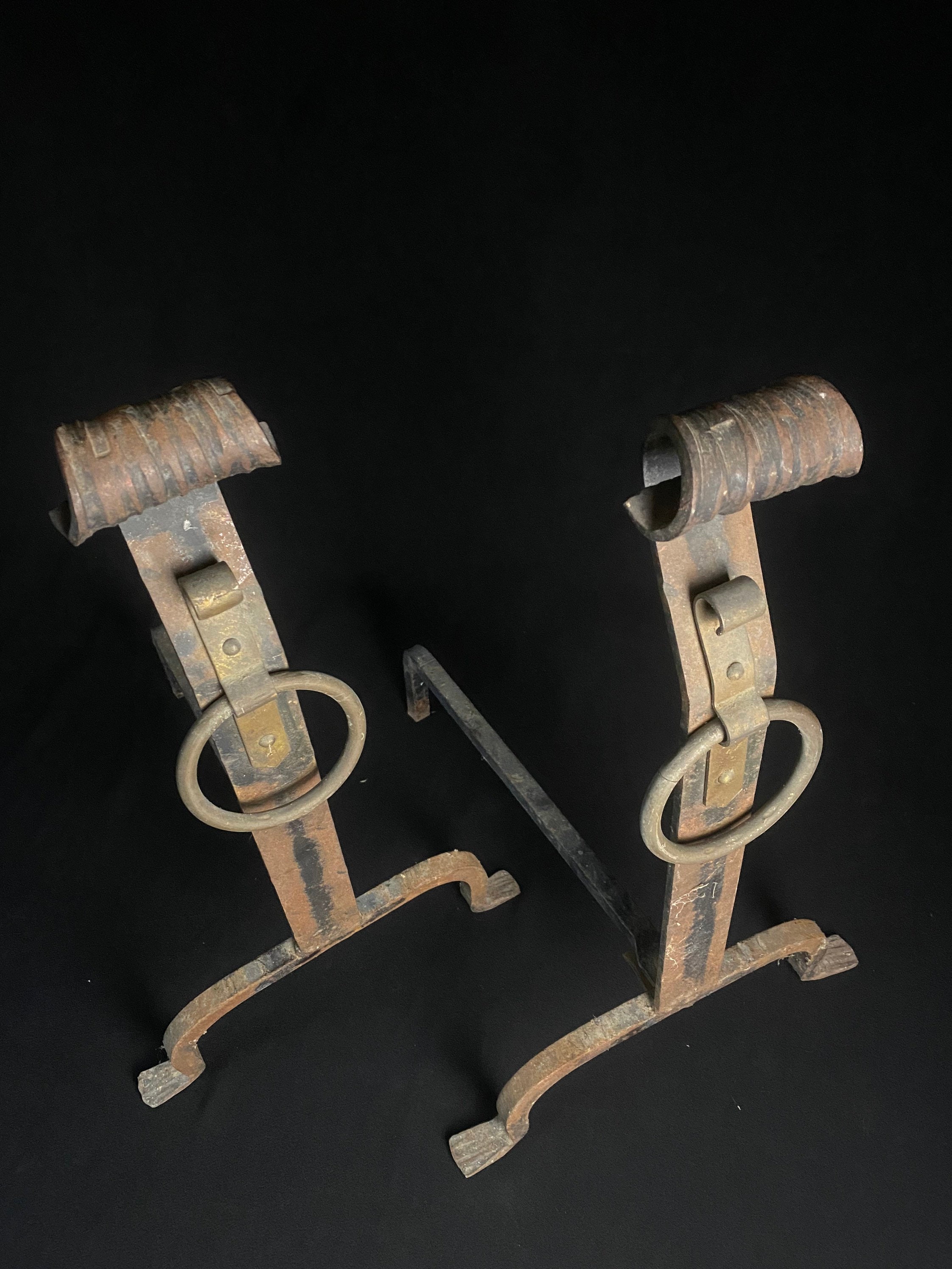 Hand Forged Wrought Iron Andirons With Brass Fixtures. - Etsy
