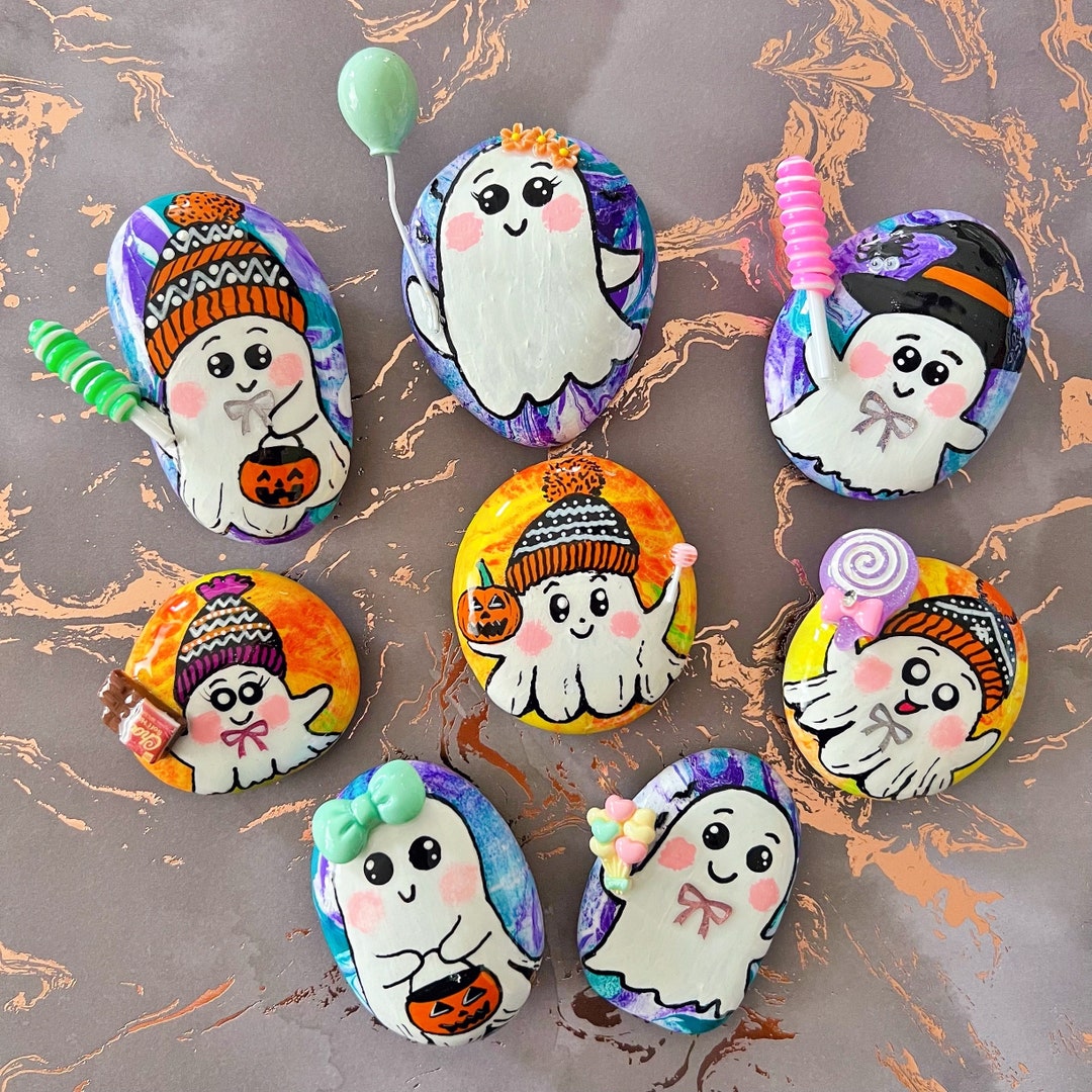 Cute Little Ghost Hand Painted Rocks With Acrylic Marbling Backgrounds ...