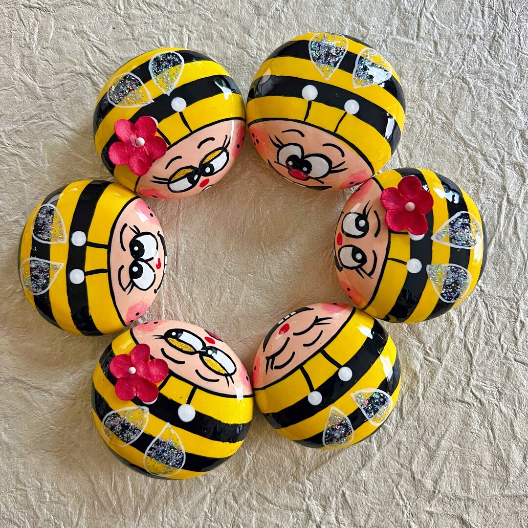 Set of 6 Silly Face Bumblebee Hand Painted Rocks, Stone Art, Gift ...