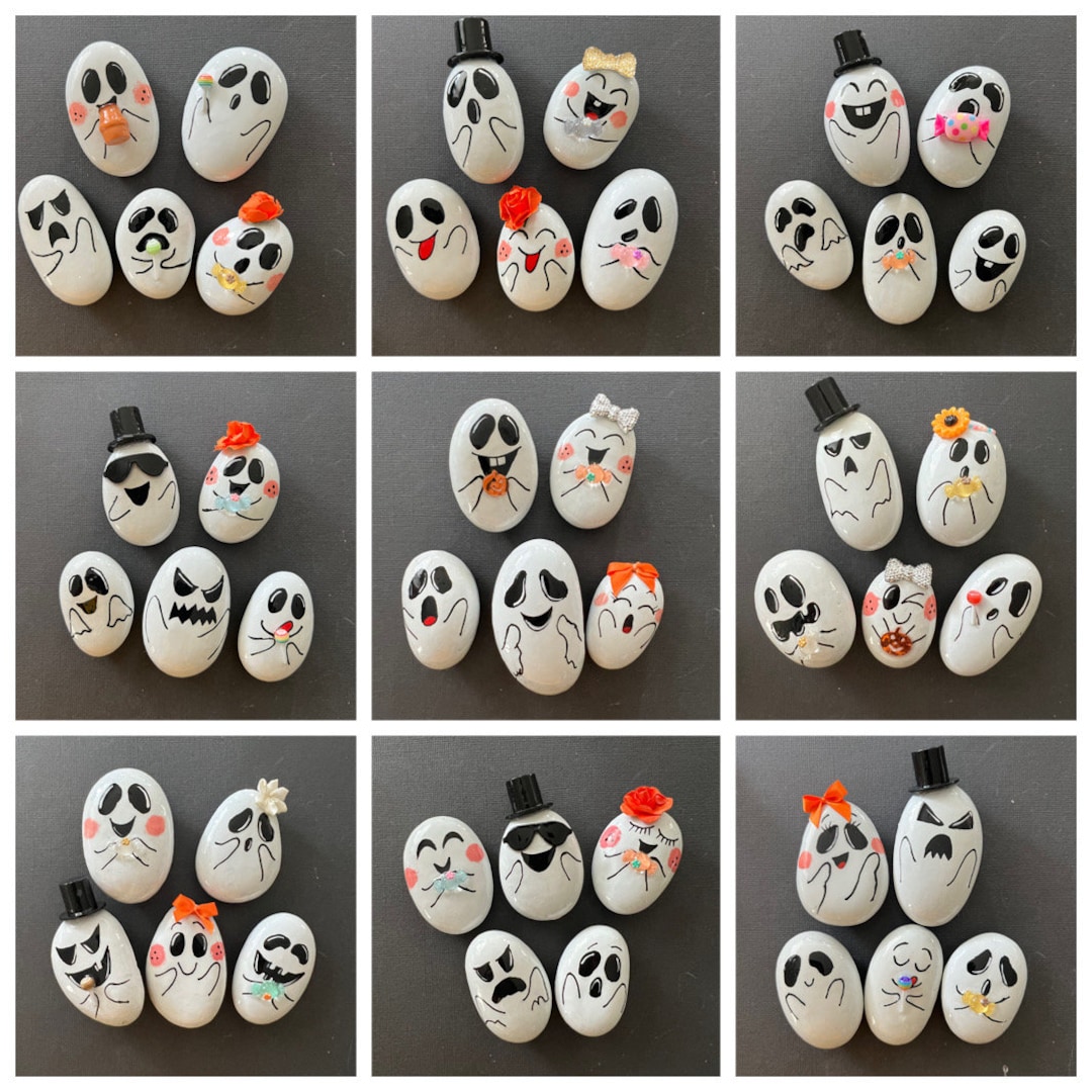 Sets of 5 Ghost Painted Rocks, Stone Art, Kindness Rocks, Perfect for ...