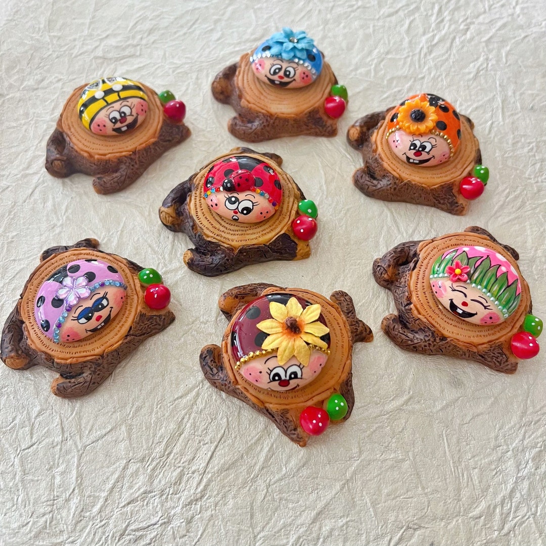 Happy Bug Painted Galss Pebbles With Tiny Tree Trunks, Hand Painted ...