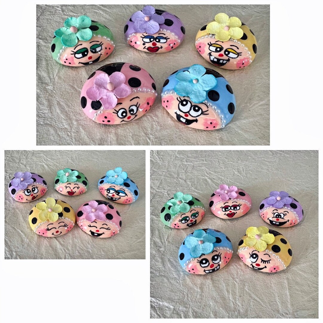 Sets of Five Spring Silly Faces Bug Painted Glass Pebbles, Kindness ...