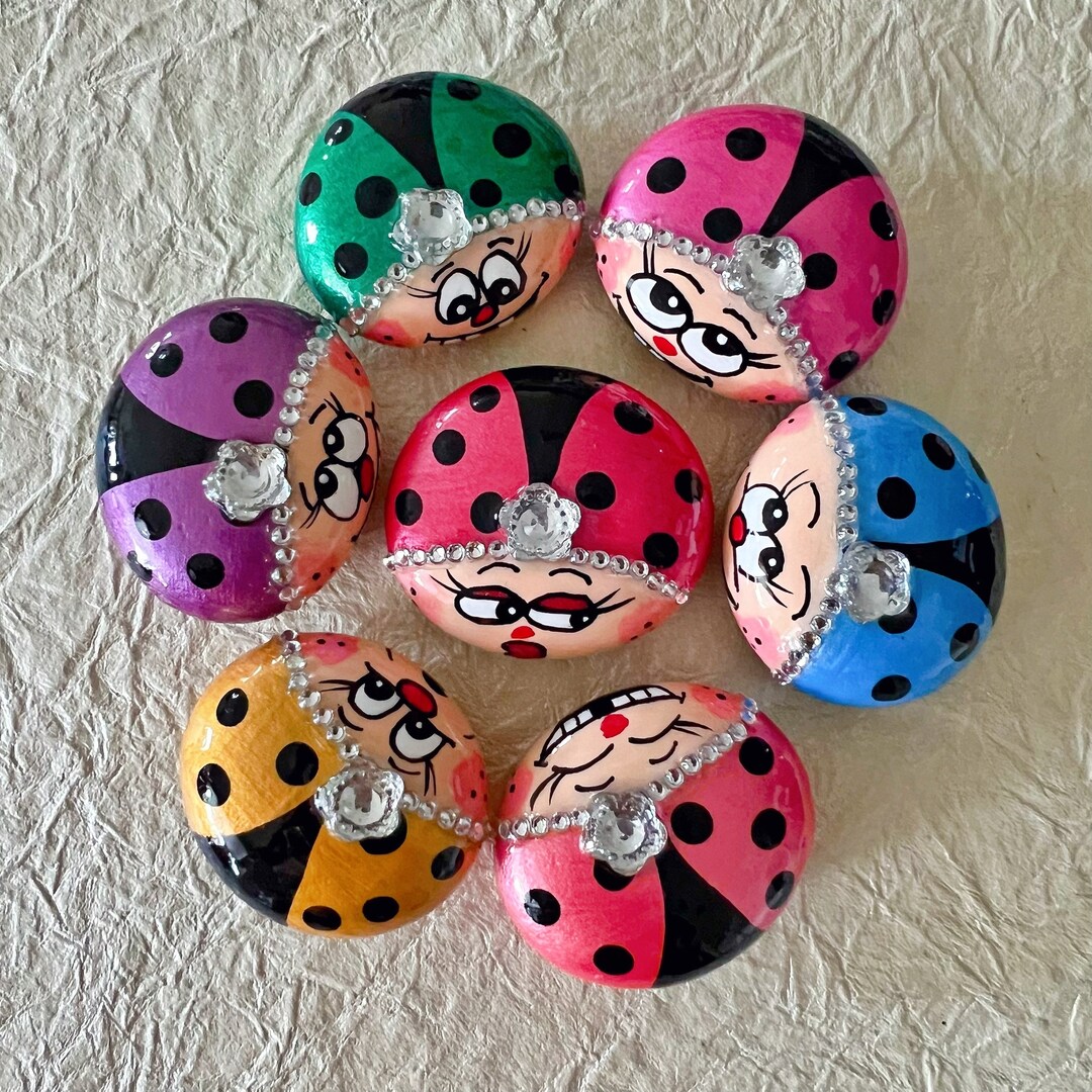 Value Set of Seven Silly Face Metallic Color Ladybug Painted Rocks ...