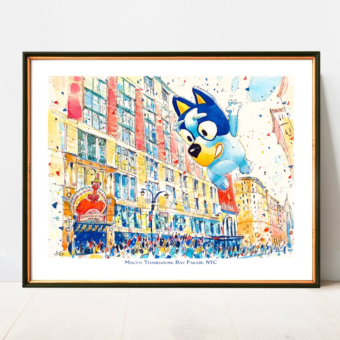 Bluey Thanksgiving Day Parade Watercolor Art Print | NYC Holiday Wall ...
