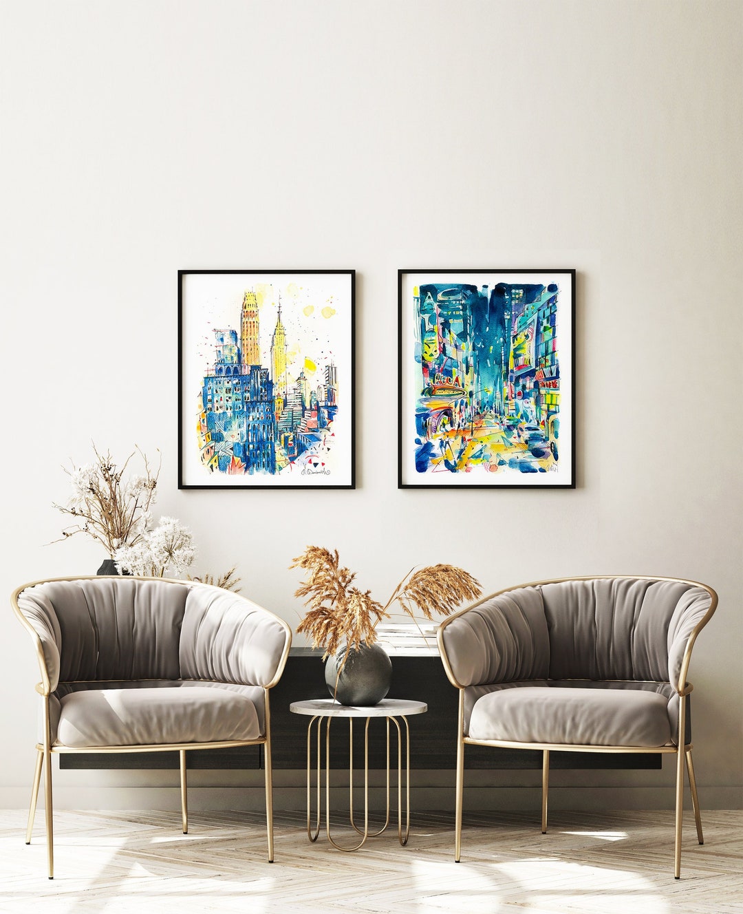 Set of Two Midtown & Broadway New York City NYC Watercolor Artwork ...