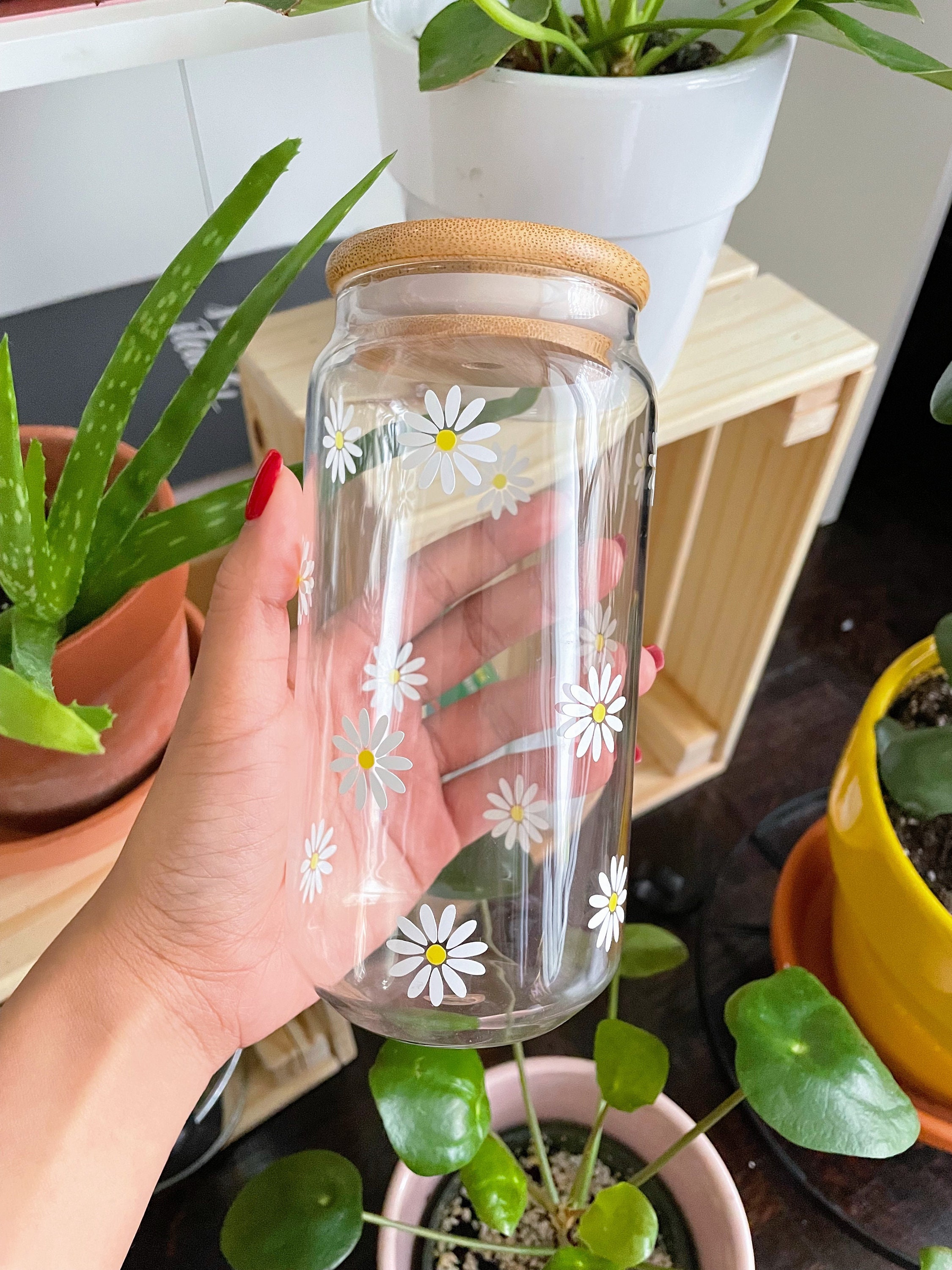 Daisy Can Glass Cup With Bamboo Lid and Bend Glass Strawiced - Etsy Canada
