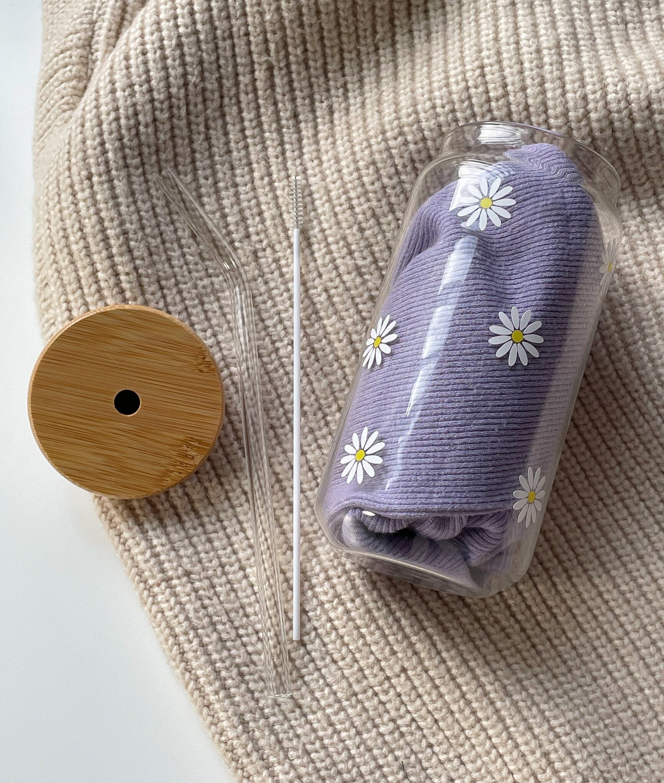 Daisy Can Glass Cup With Bamboo Lid and Bend Glass Strawiced - Etsy Canada