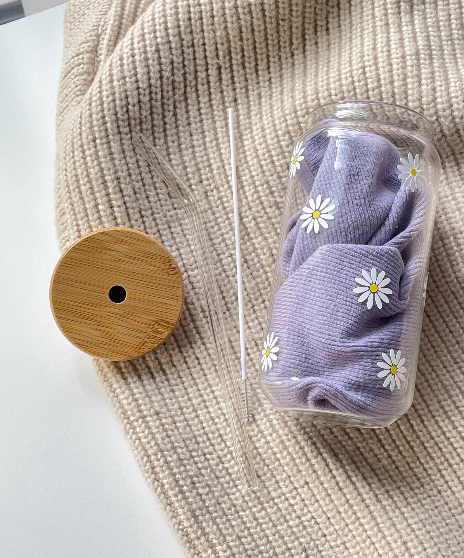 Daisy Can Glass Cup With Bamboo Lid and Bend Glass Strawiced - Etsy Canada