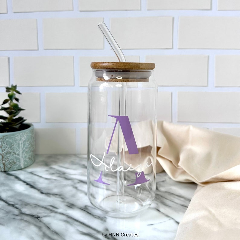 16oz Personalized Can Glass With Bamboo Lid and Bend Straw, Iced Coffee ...