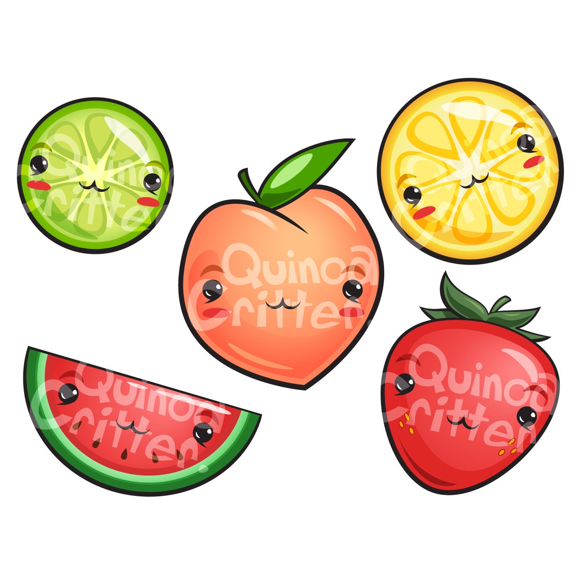 Kawaii Fruit Clip Art Digital Download Lemon Lime Strawberry Watermelon ...
