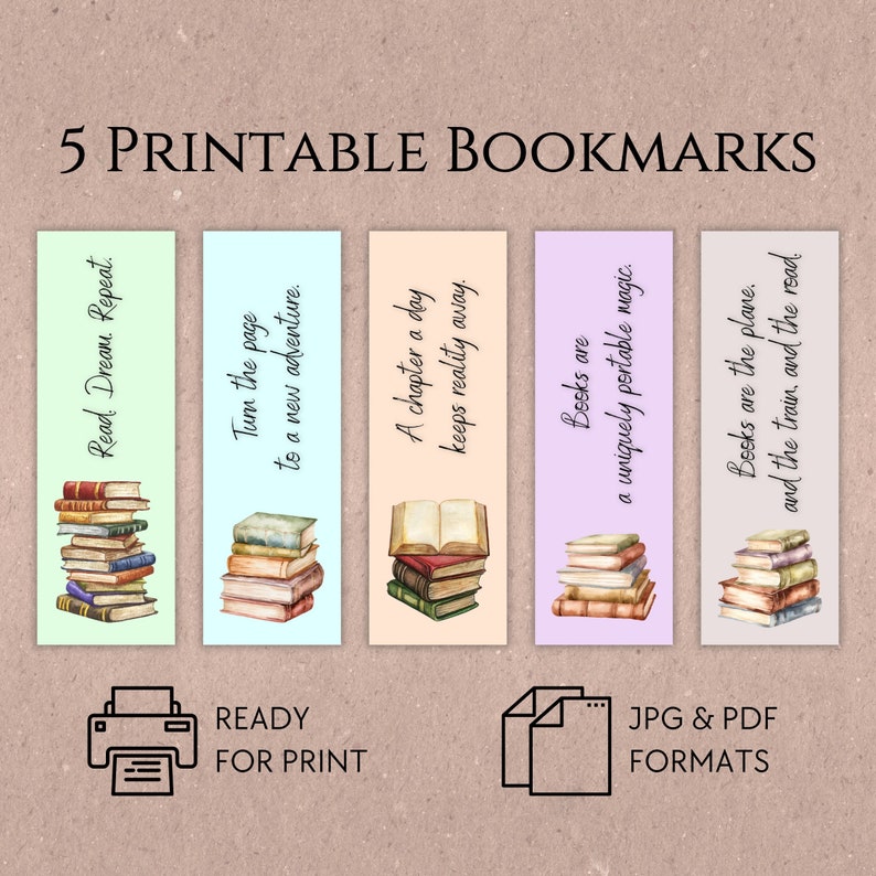 Printable Bookmarks With Stacked Books Design, Set of 5 Bookmarks for ...