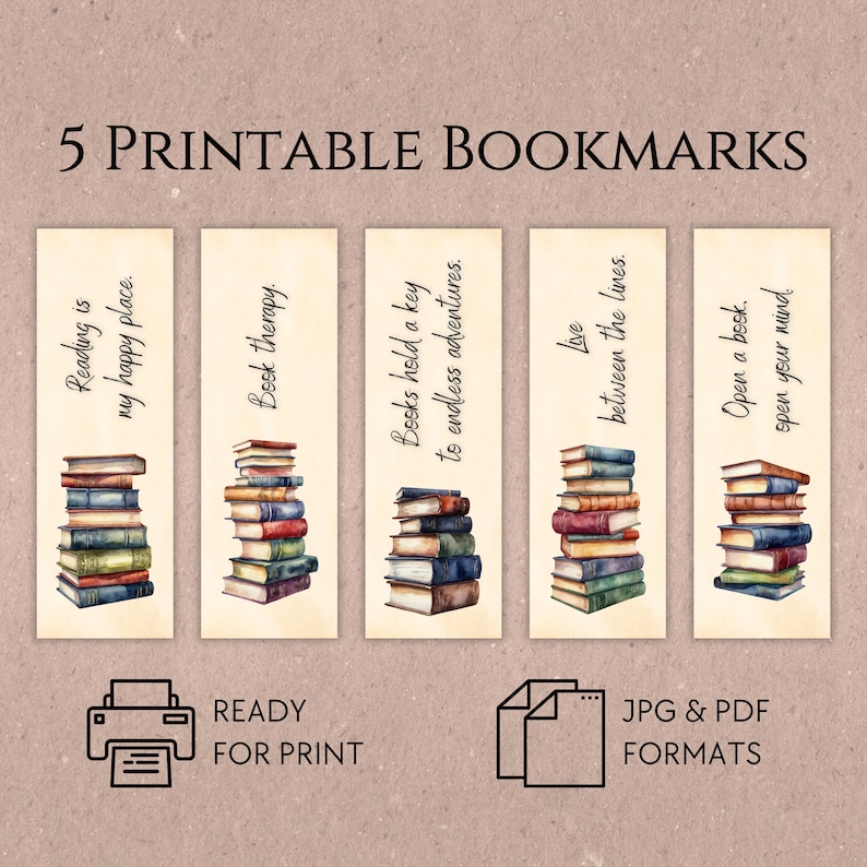 Stacked Books Printable Bookmarks Set of 5 Bookmarks for Booklovers ...