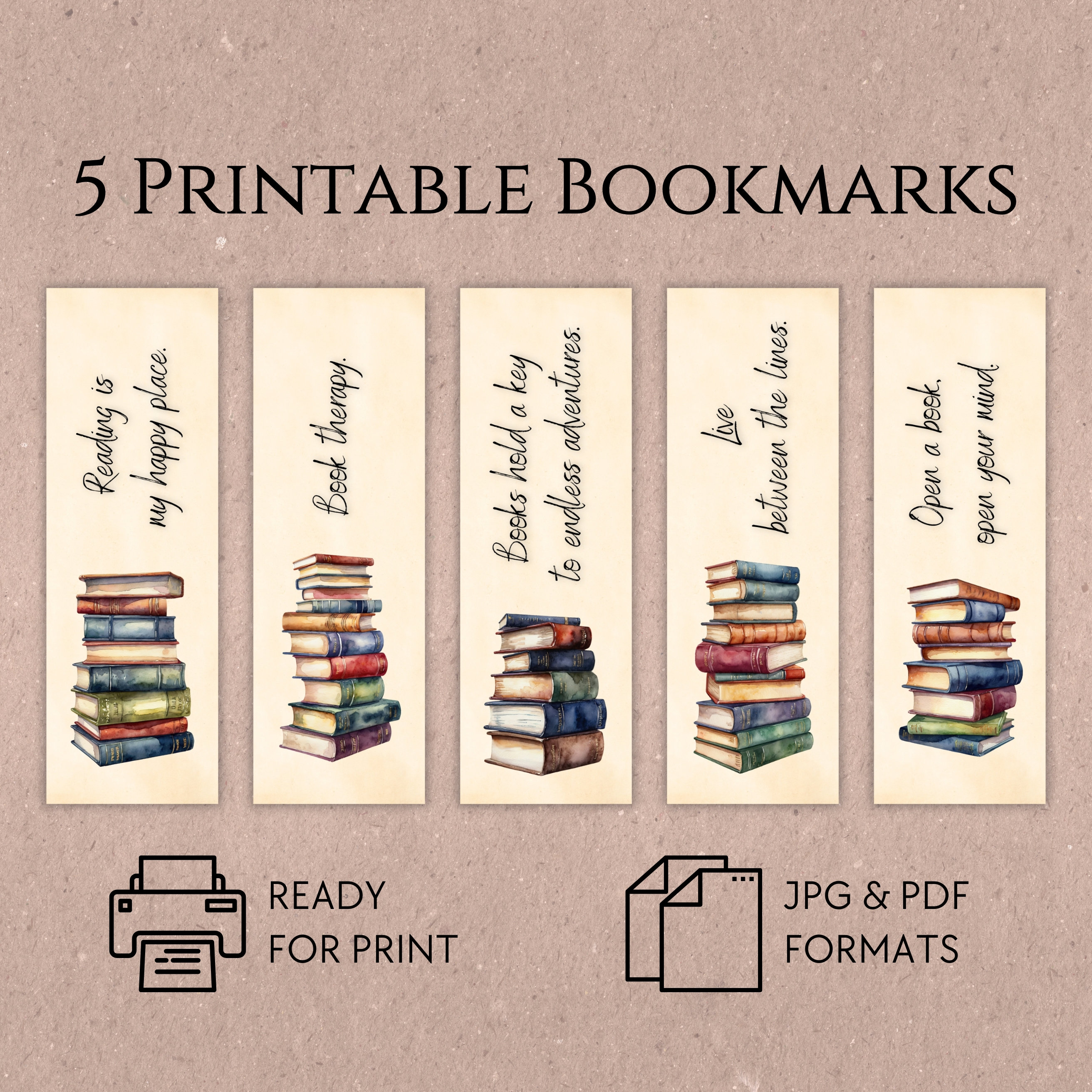 Stacked Books Printable Bookmarks Set of 5 Bookmarks for Booklovers ...