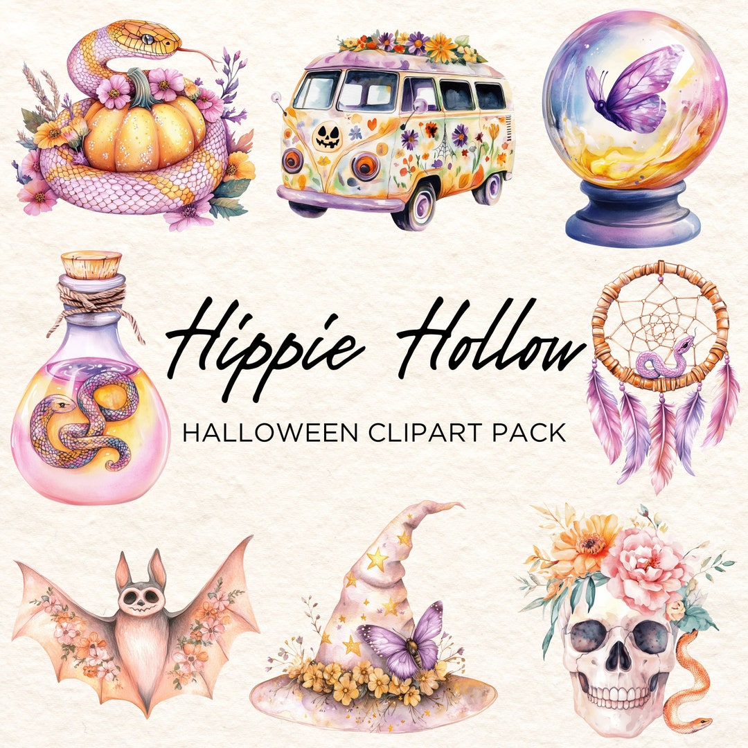 Hippie Hollow Halloween Clipart Pack, Whimsical Halloween-themed ...