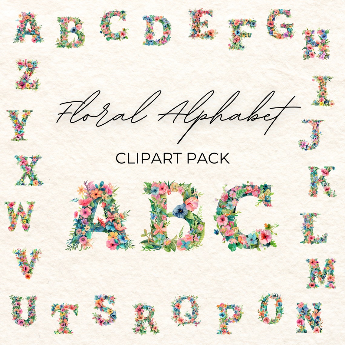 Floral English Alphabet, Watercolor Style Flower Alphabet, Botanical ...
