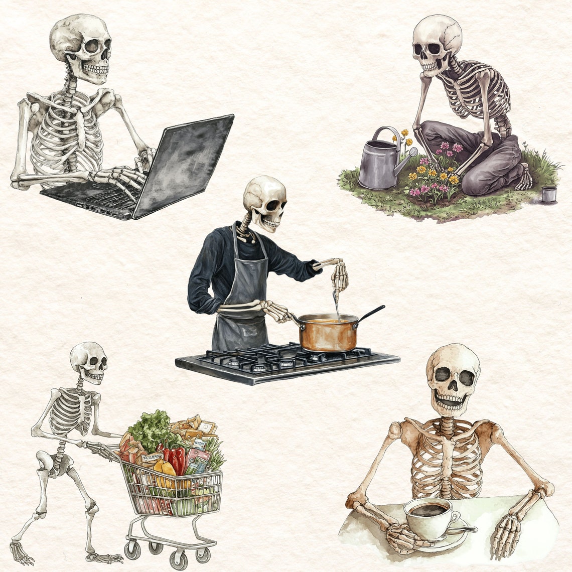 Skeletons Doing Everyday Things Clipart Pack | Funny Skeleton Clip Art ...