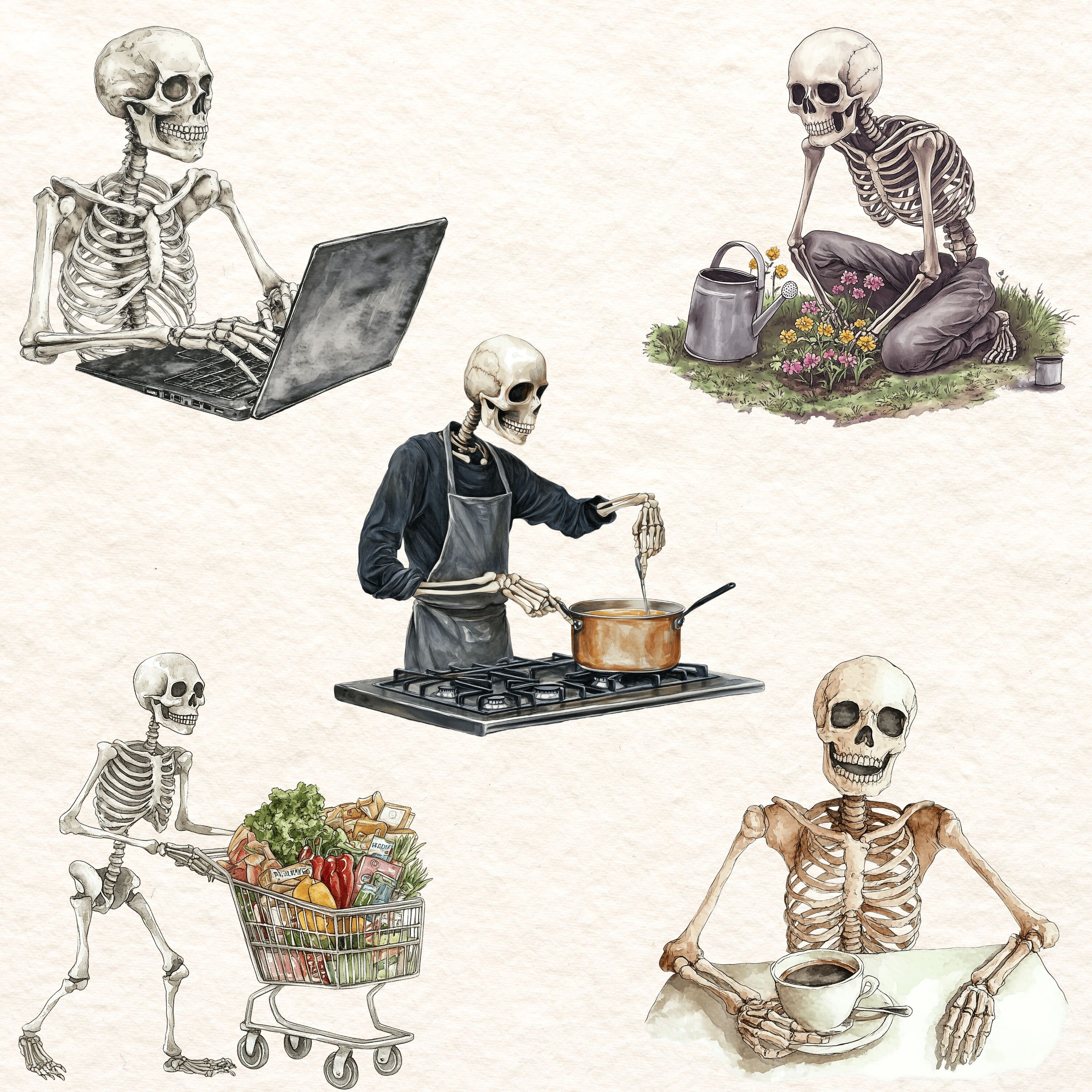 Skeletons Doing Everyday Things Clipart Pack, Funny Human Skeleton Clip ...