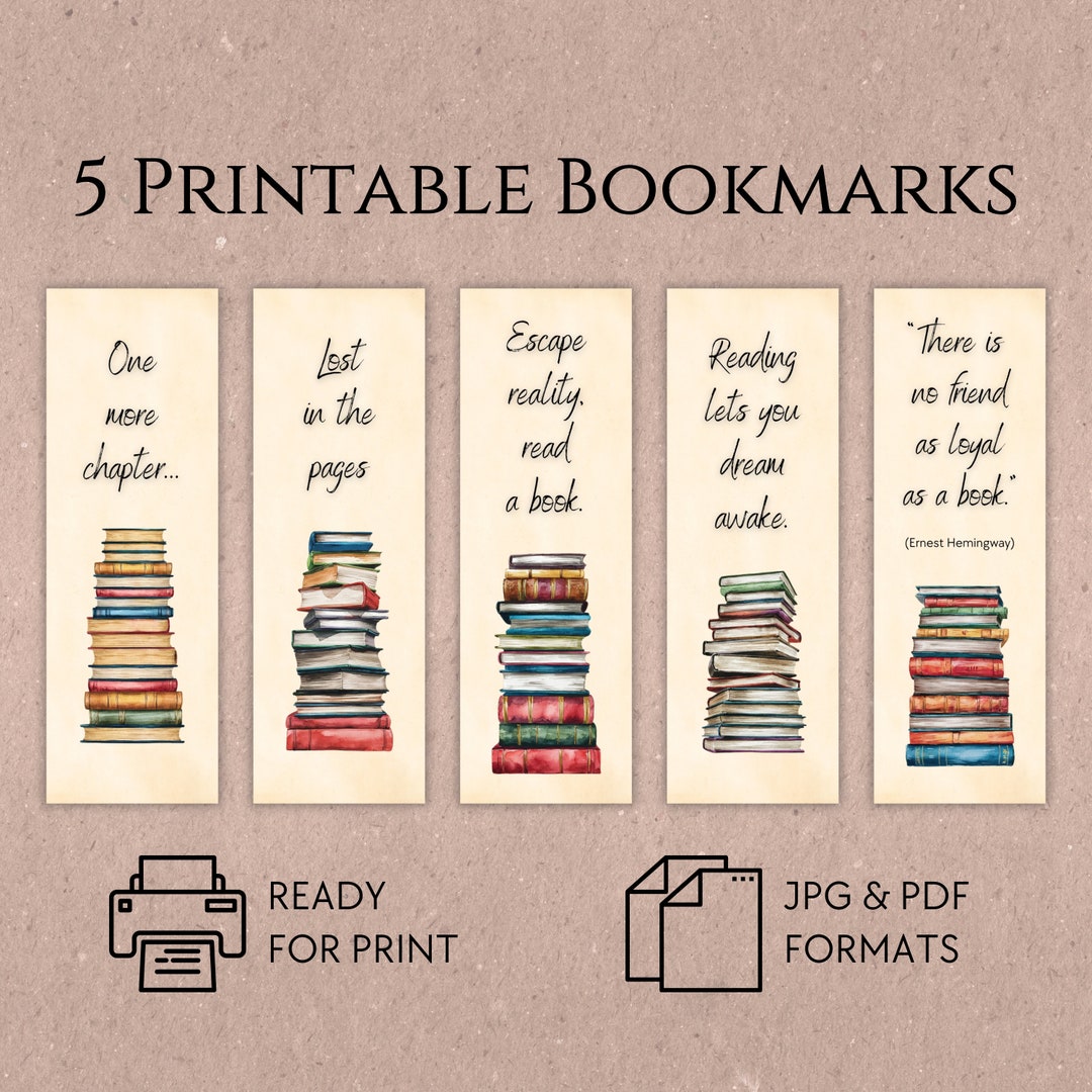 Stacked Books Printable Bookmarks, Set of 5 Bookmarks for Booklovers ...