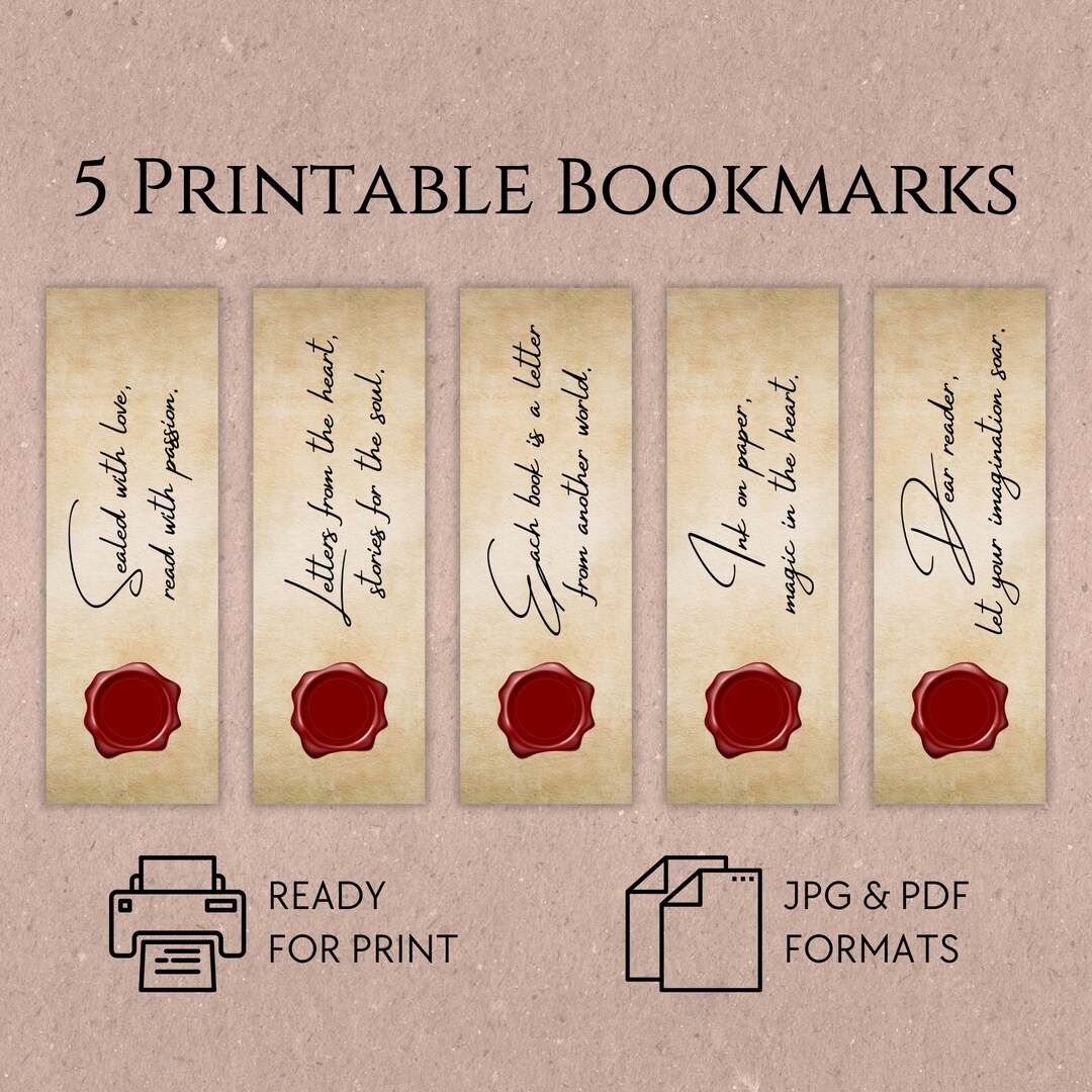 5 Printable Bookmarks Fancy Vintage Style Bookmarks With Wax Seal Gift ...