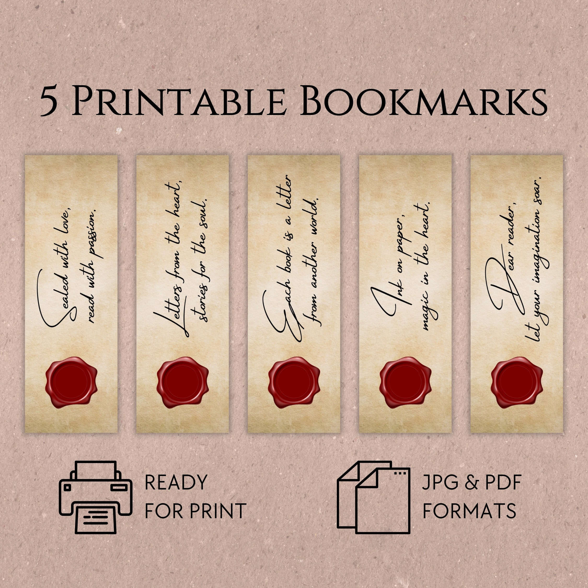5 Printable Bookmarks Fancy Vintage Style Bookmarks With Wax Seal Gift ...